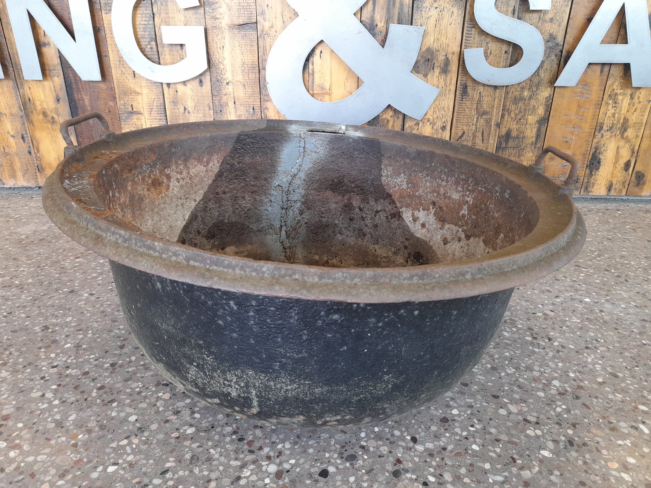 A Large Reclaimed Cast Iron Cauldron / Pot / Planter / Firepit c/w ...
