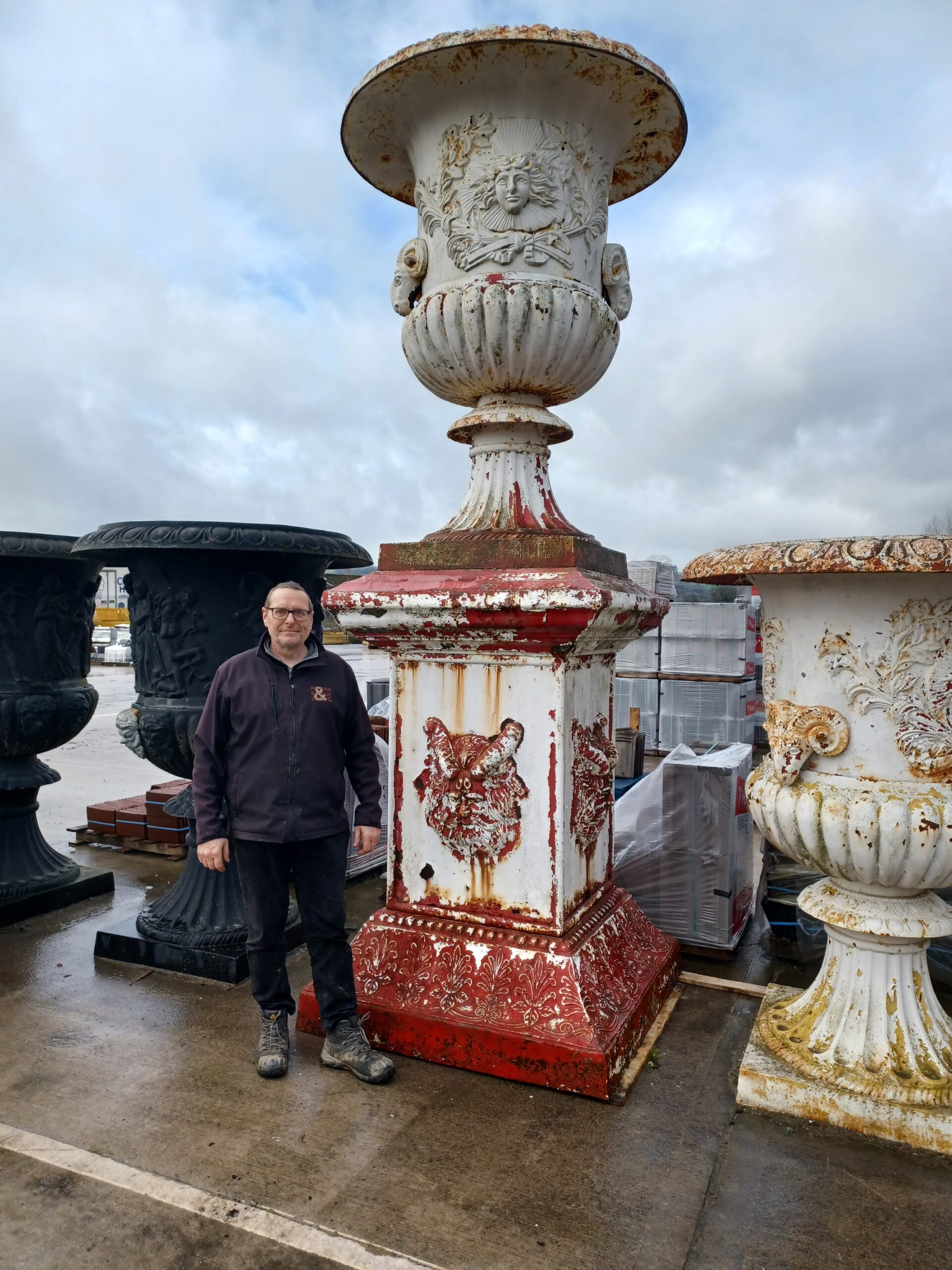 Pair Of Salvaged Huge Monumental Cast Iron Urns Overall 13ft Height ...